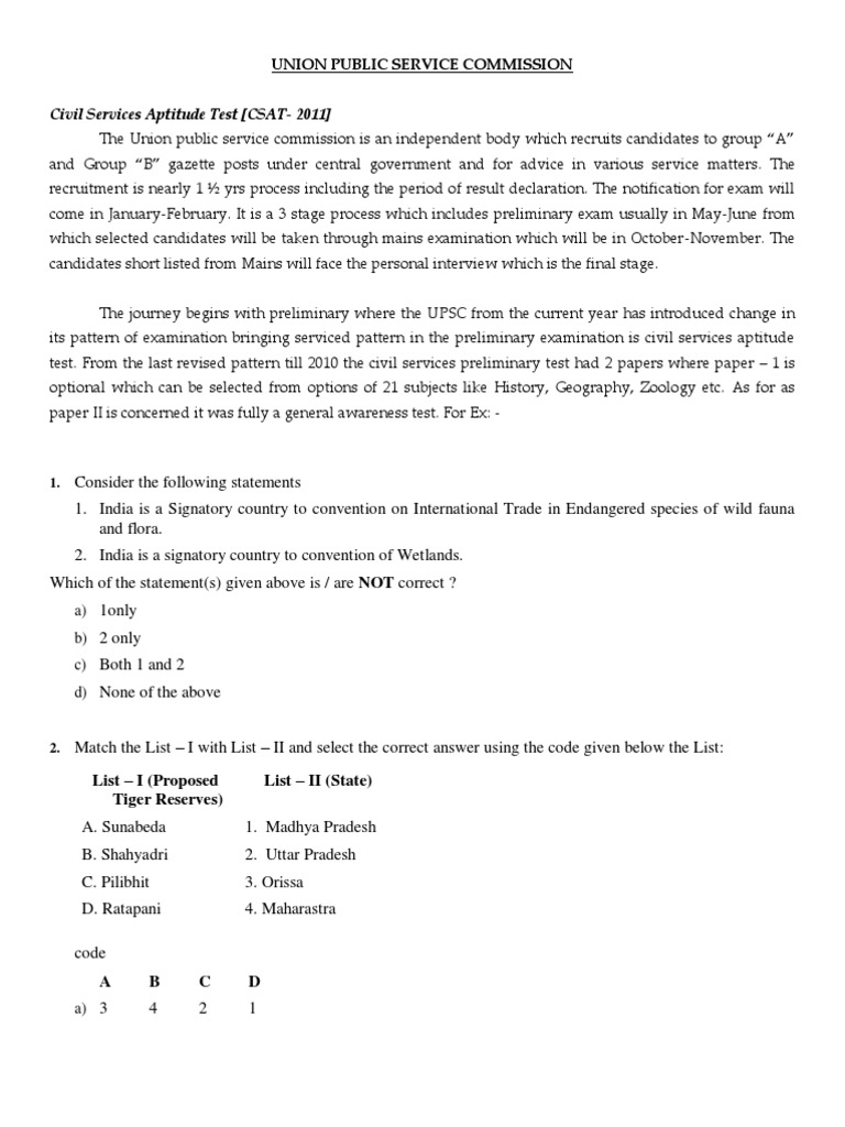 Civil Services Aptitude Test (CSAT-2011) : Union Public Service ...