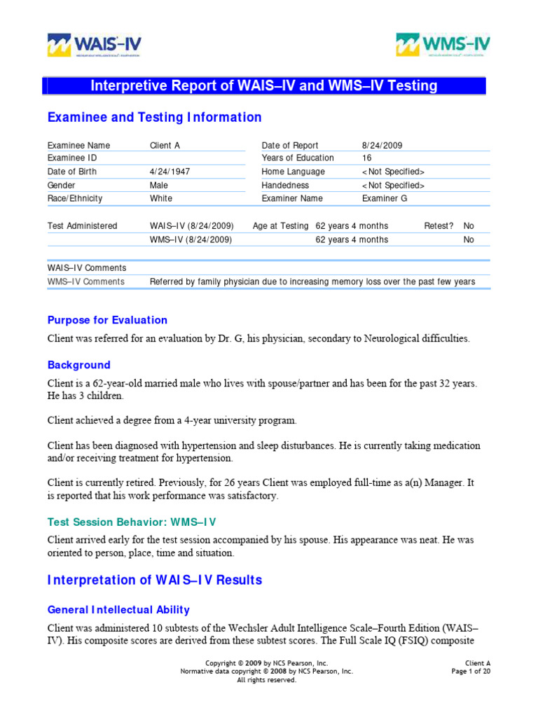 Wais IV Report | PDF | Wechsler Adult Intelligence Scale ...