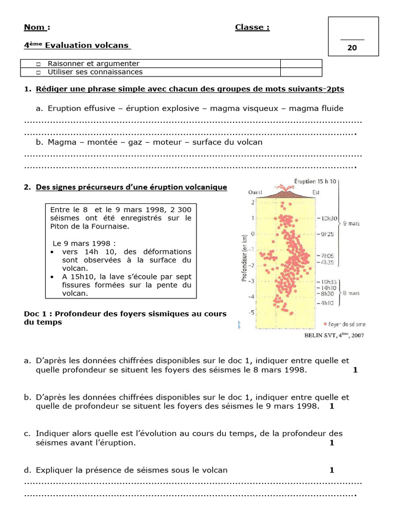 Évaluation sur les volcans en 4ème | PDF | Volcan | Lave