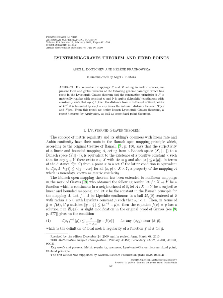 Donchev - Lyusternik-Graves Theorem | PDF | Continuous Function | Geometry