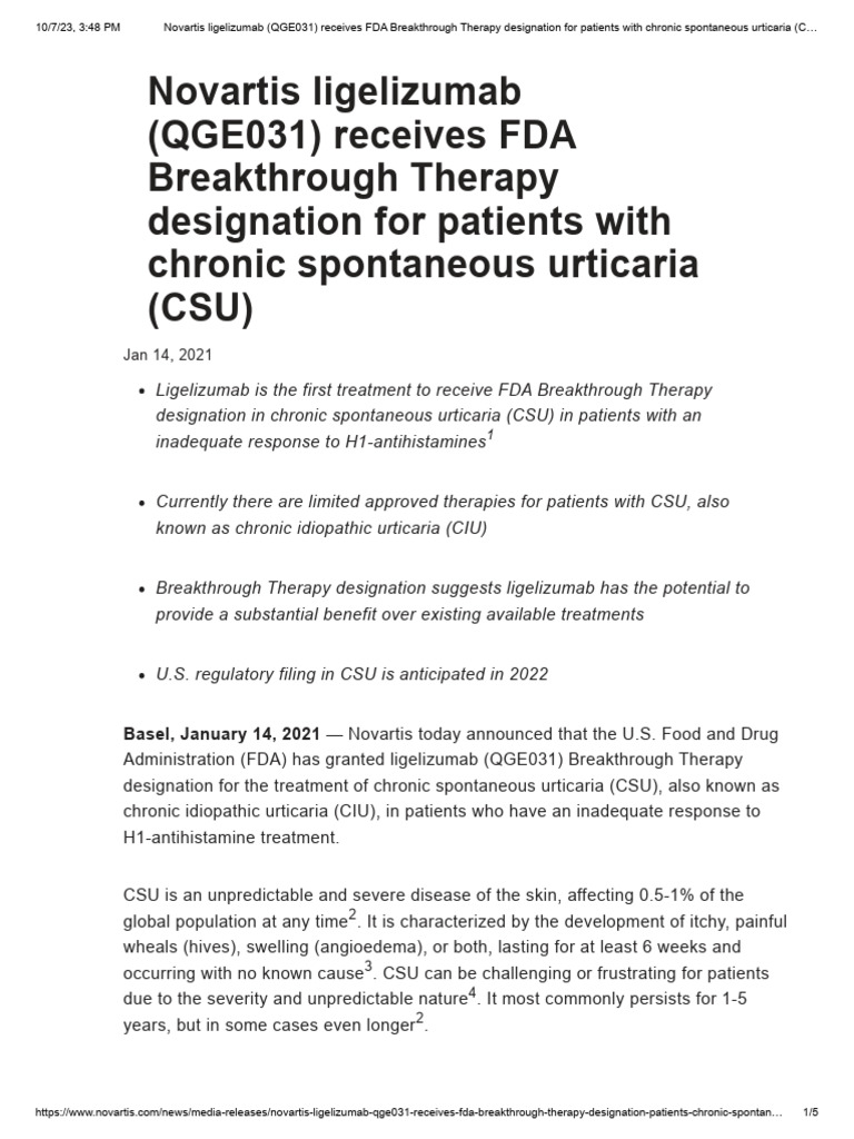 Novartis Ligelizumab (QGE031) Receives FDA Breakthrough Therapy ... Novartis Ligelizumab (QGE031) Receives FDA Breakthrough Therapy ...