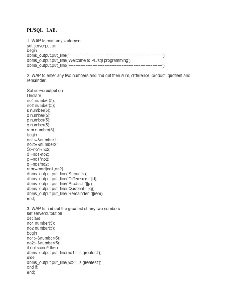 PL/SQL Lab | Download Free PDF | Table (Database) | Pl/Sql