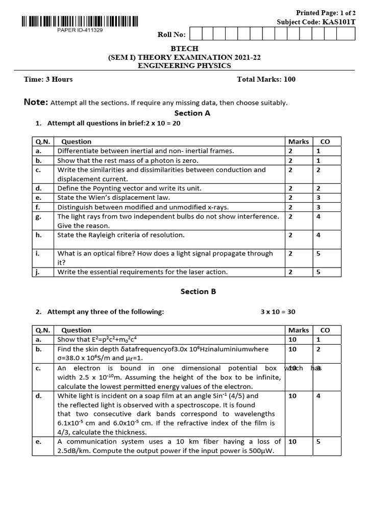 Btech 1 Sem Engineering Physics Kas101t 2022 | PDF | Electron ... Btech 1 Sem Engineering Physics Kas101t 2022 | PDF | Electron ...