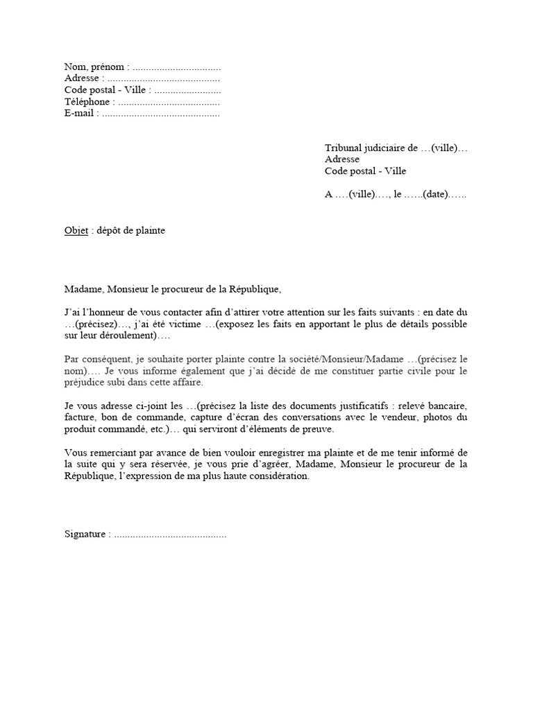 Lettre Plainte Pour Arnaque Internet Procureur Republique 2 | PDF
