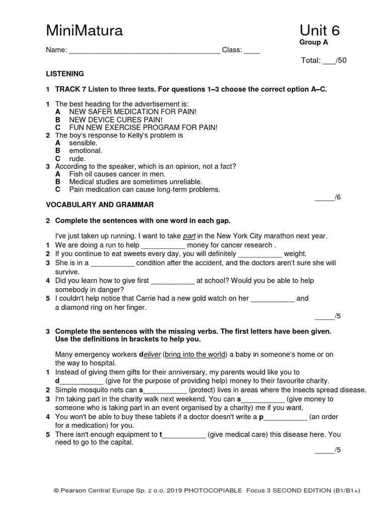 Focus3 2E MiniMatura Unit6 GroupA 1kol | PDF | Allergy | Clinical Medicine