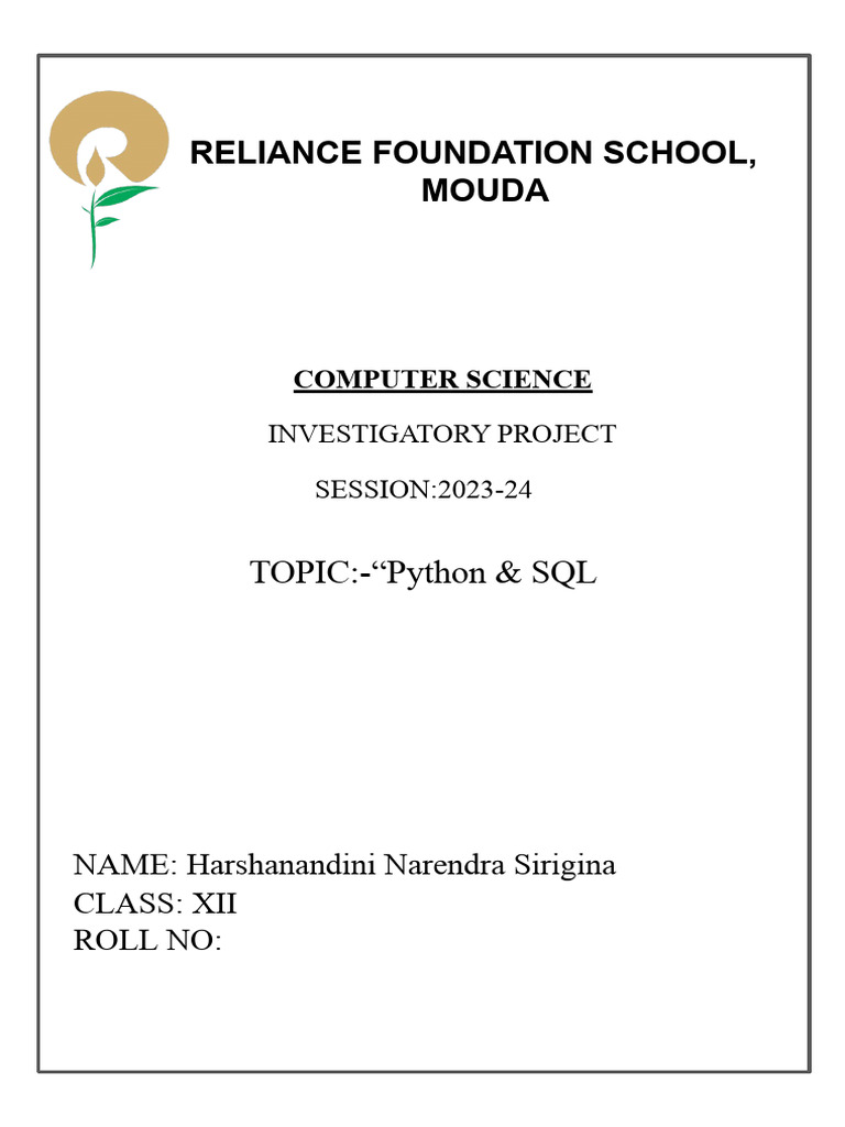 Reliance Foundation School, Mouda: TOPIC:-"Python & SQL | PDF