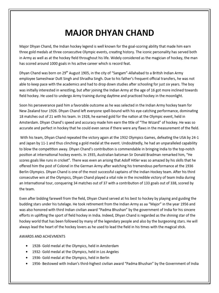 Major Dhyan Chand | PDF | Sports | Cricket
