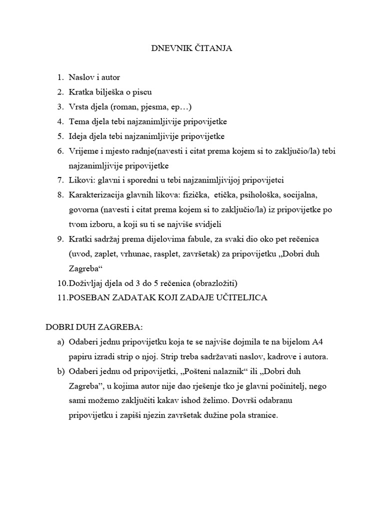 Dnevnik Čitanja Dobri Duh Zagreba | PDF
