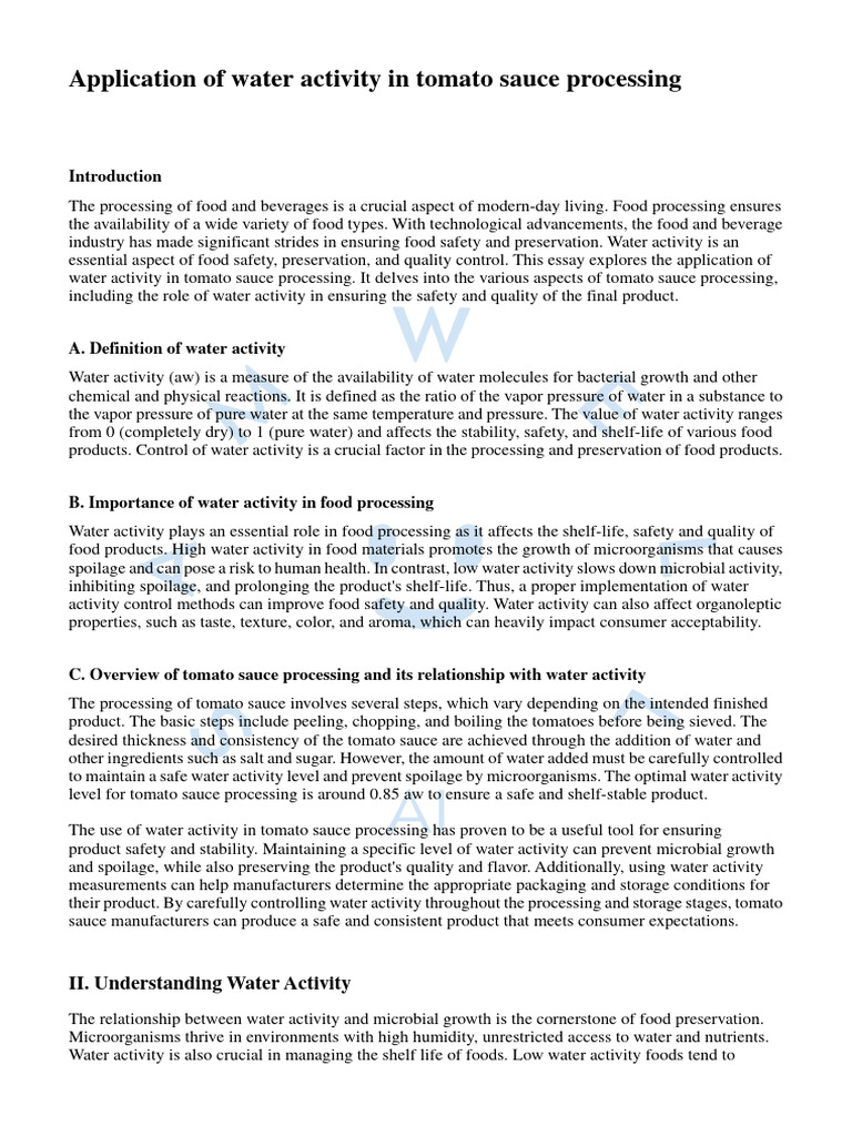 Application of Water Activity in Tomato Sauce Processing | PDF | Water ...