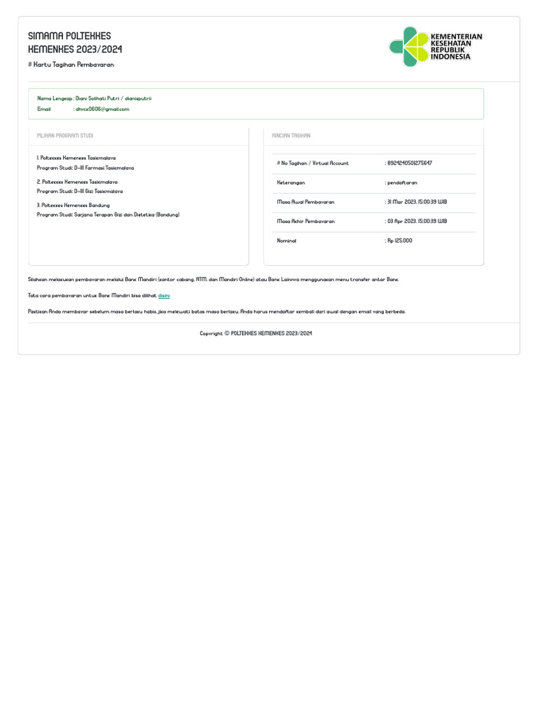 Panduan Pembayaran SIMAMA 2023 | PDF