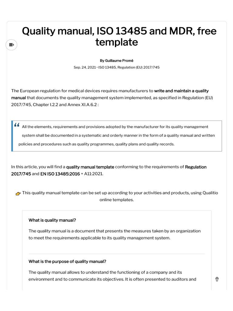 Quality Manual, IsO 13485 and MDR, Free Template | PDF | Quality ... Quality Manual, IsO 13485 and MDR, Free Template | PDF | Quality ...