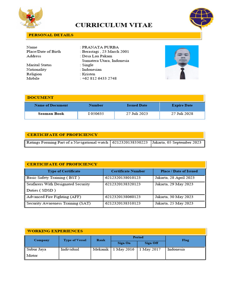 CV Pelaut | PDF