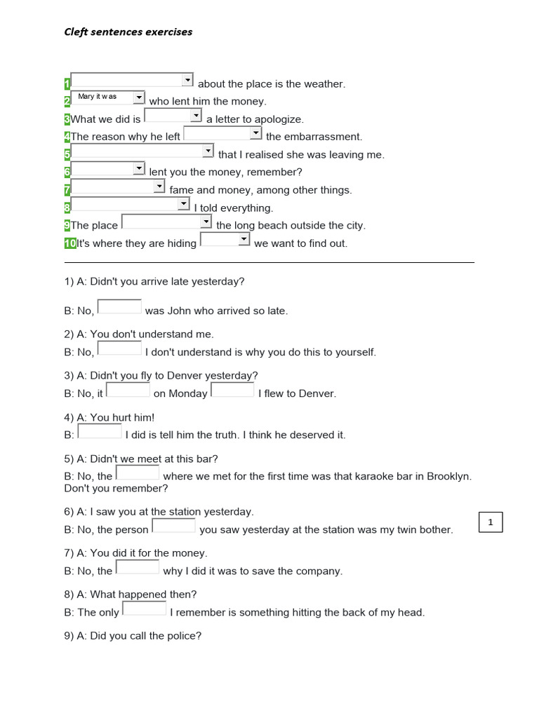 Cleft Sentences Practice for ESL Learners | PDF