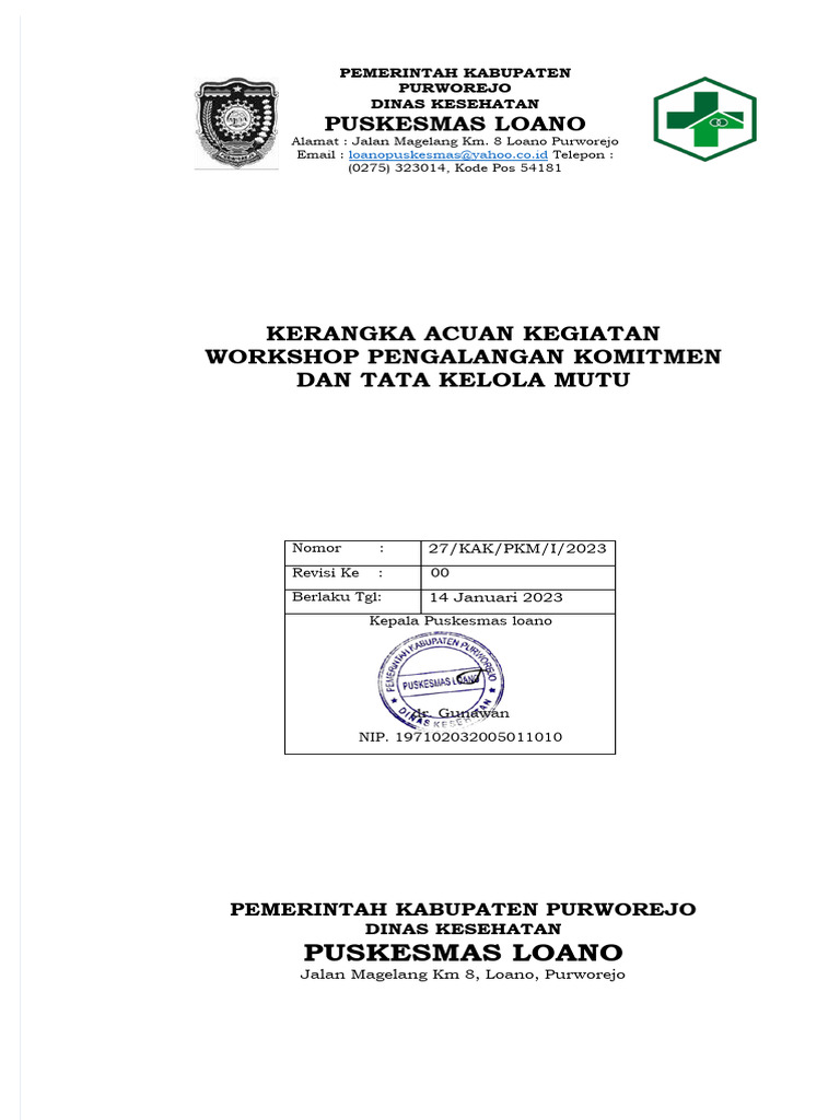 Kak Workshop Tata Kelola Mutu | PDF