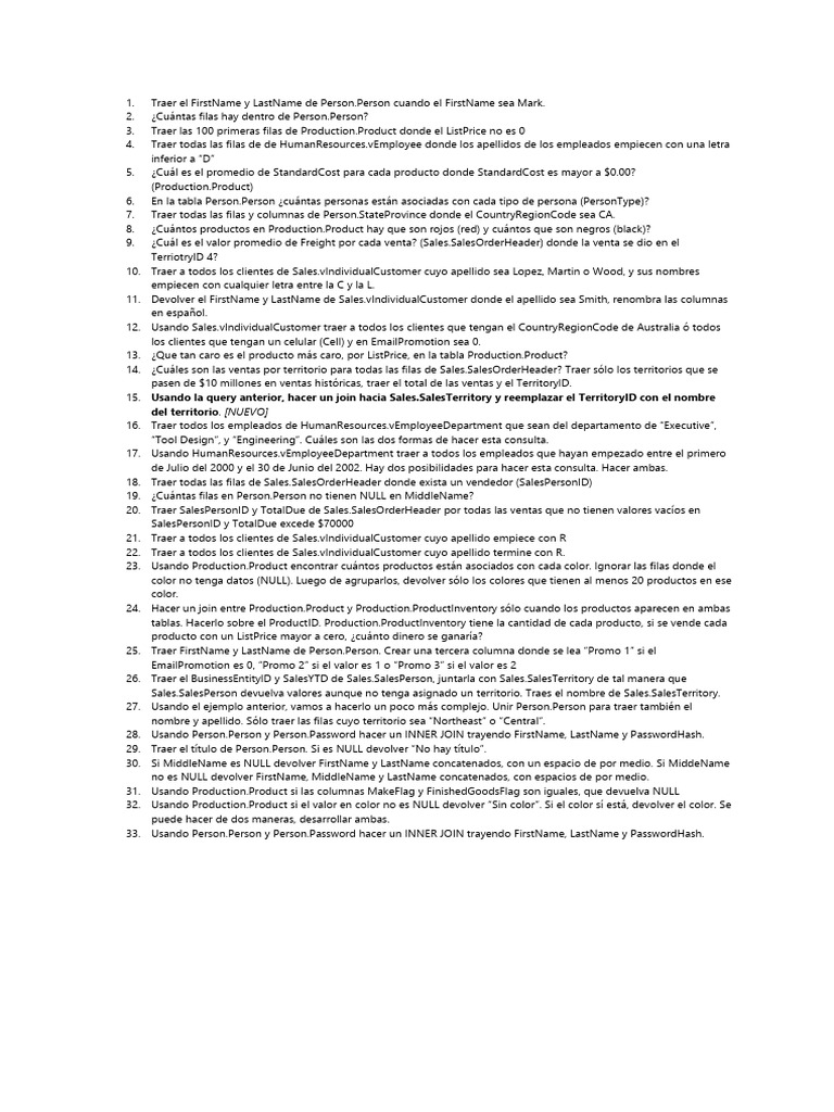Ejercicios AdventureWorks | PDF