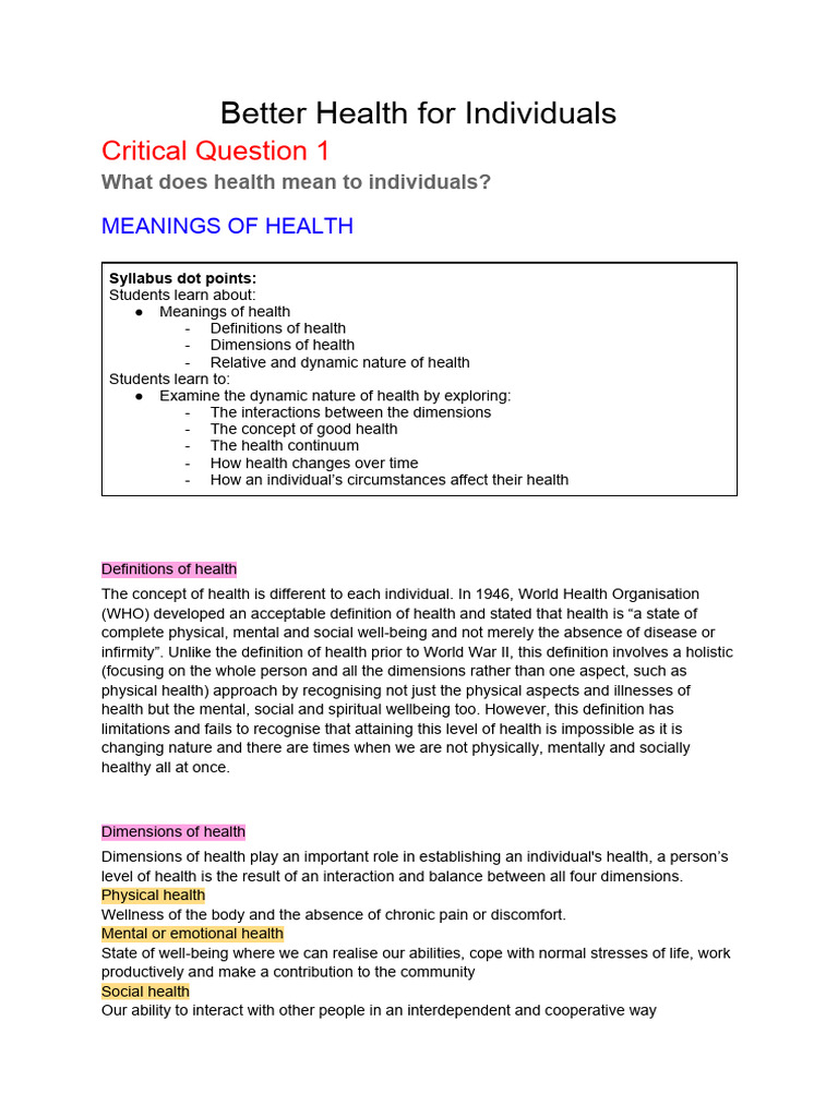 Core 1 PDHPE - Better Health For Individuals | PDF