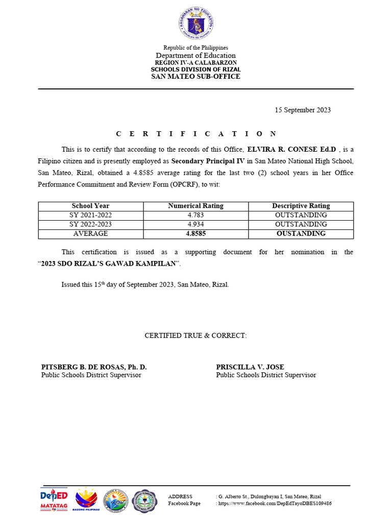 Certification of Elvira R. Conese's Performance | PDF