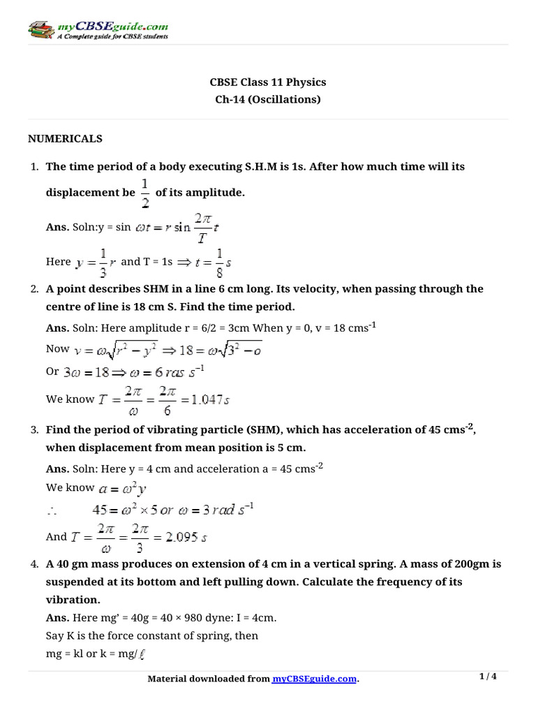 11 Physics Imp ch14 Numericals | PDF | Oscillation | Mass