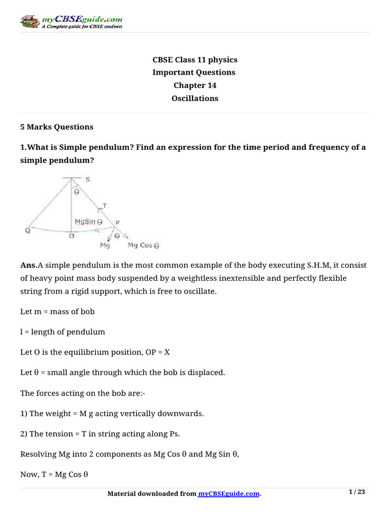 11 Physics Imp Ch14 Marks 5 | PDF | Oscillation | Force