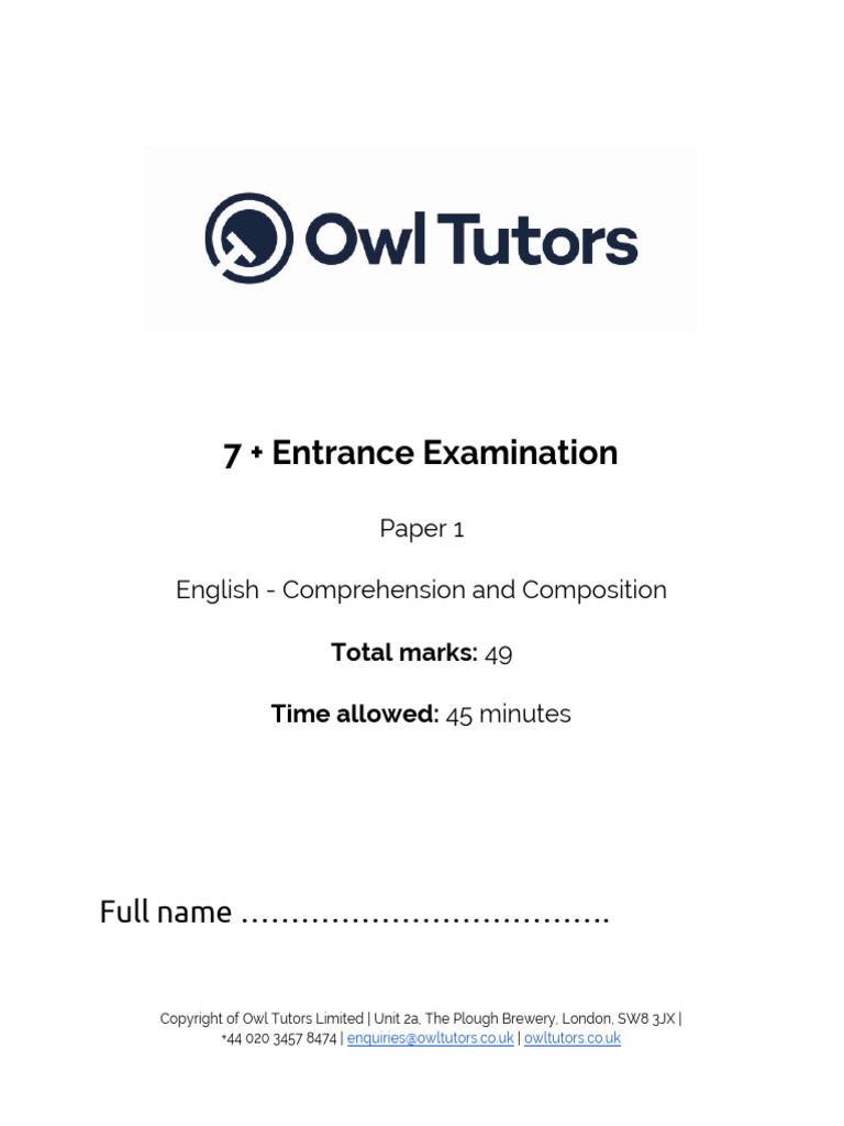 7 Plus English Paper 1 | PDF
