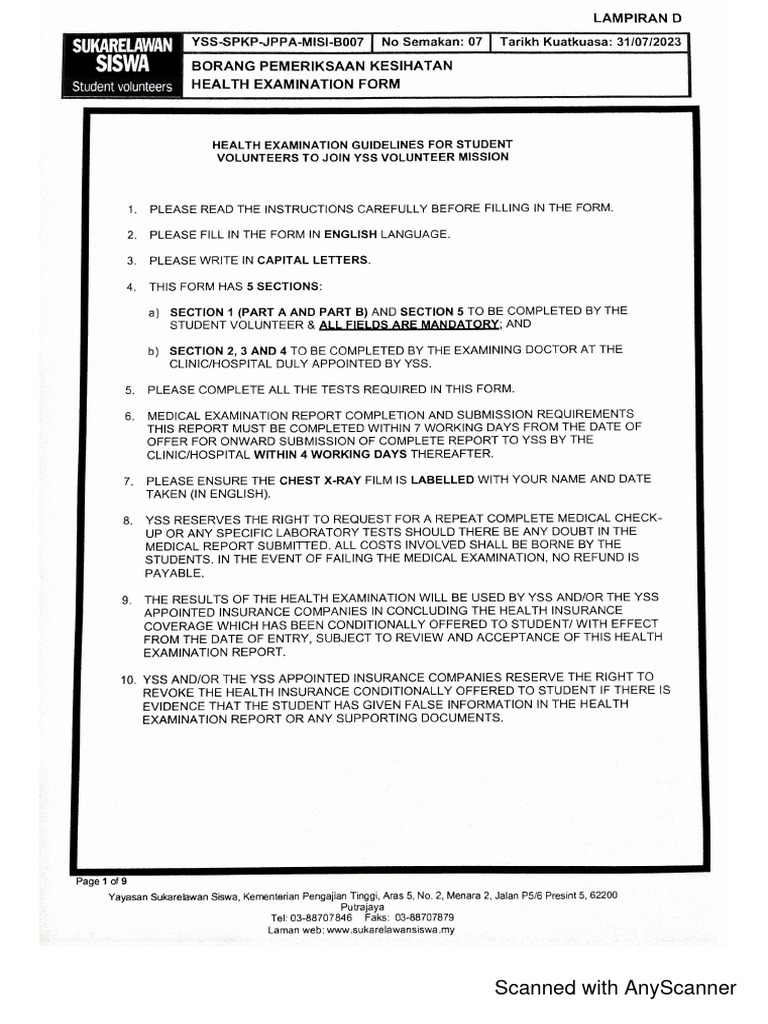 Lampiran 2 - Borang Pemeriksaan Kesihatan (Hadrahtul Hasinah Binti Mohd Faaruk Ap210373) | PDF