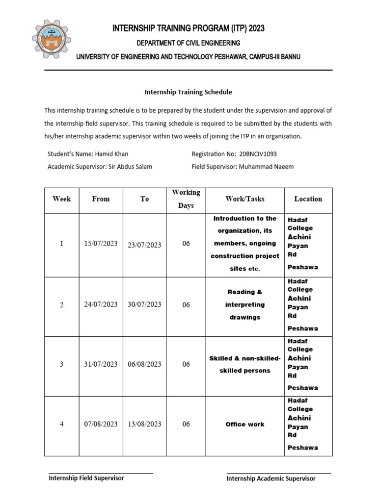 Sample Internship Weekily Training Schedule Proforma | PDF | Peshawar ...