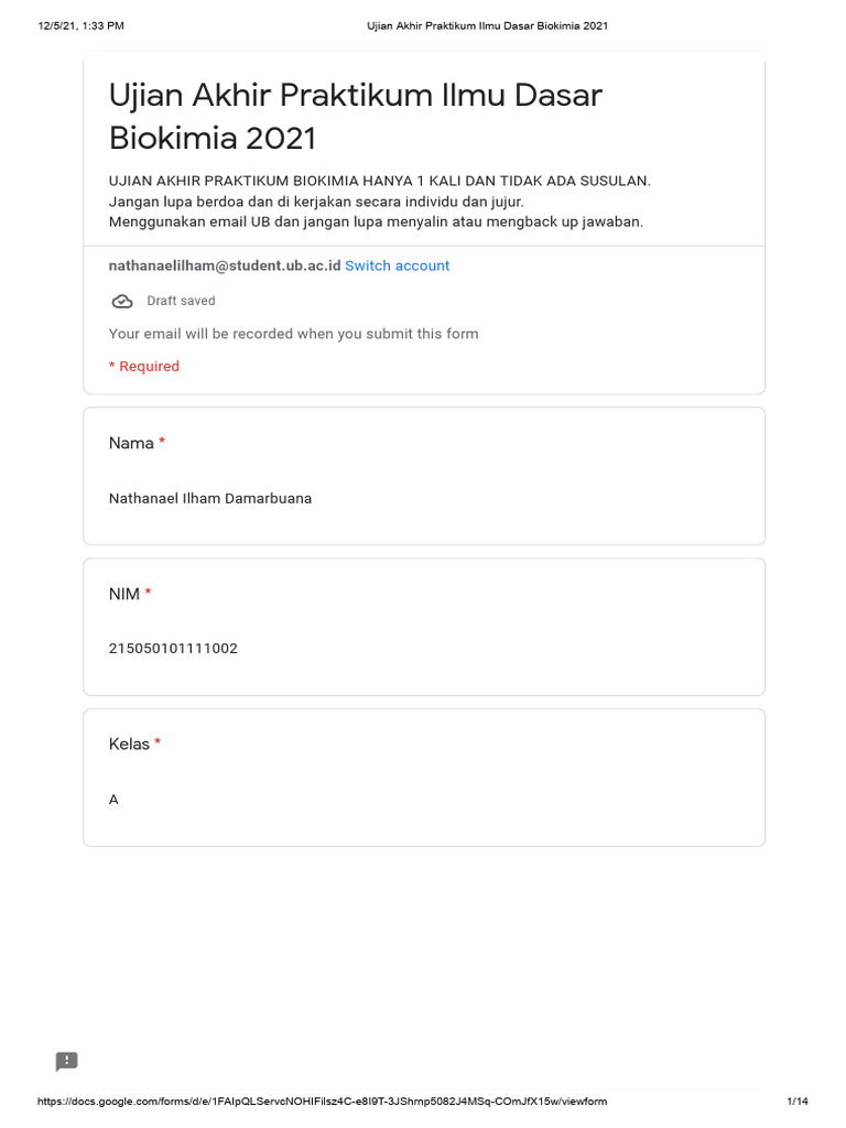 Ujian Akhir Praktikum Ilmu Dasar Biokimia 2021 | PDF