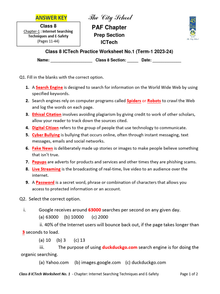 ANS KEY Worksheet-1 Chapter-1 - ICT CLASS 8 | PDF