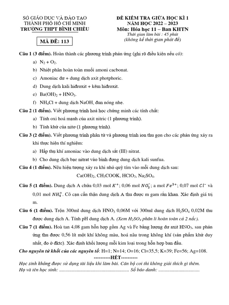 De Giua Ki 1 Hoa Hoc 11 Nam 2022 2023 Truong THPT Binh Chieu TP HCM | PDF