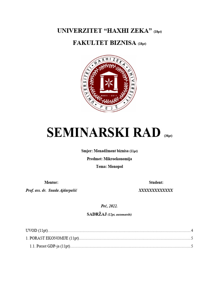 Sablon Za Izradu Seminarskog Rada | PDF
