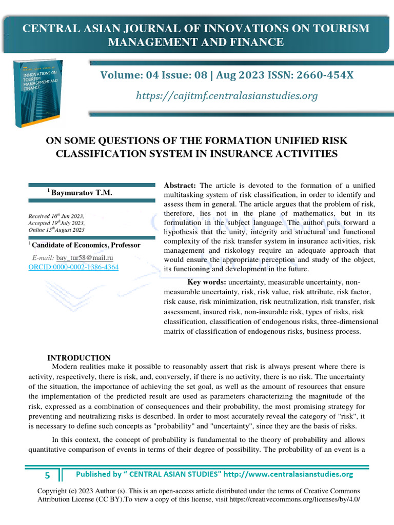 On Some Questions of The Formation Unified Risk Classification System ...