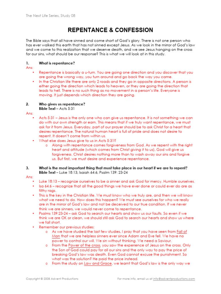 08 Repentance and Confession Notes | PDF | Confession (Religion) | Jesus