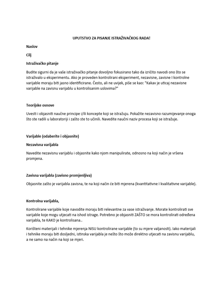 Uputstvo Za Pisanje Istraživačkog Rada | PDF