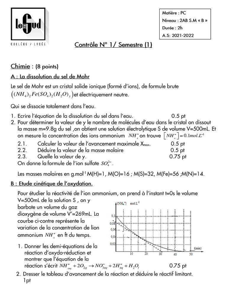Contrôle 1-Semestre 1 PC 2AB S.M 21-22 | PDF
