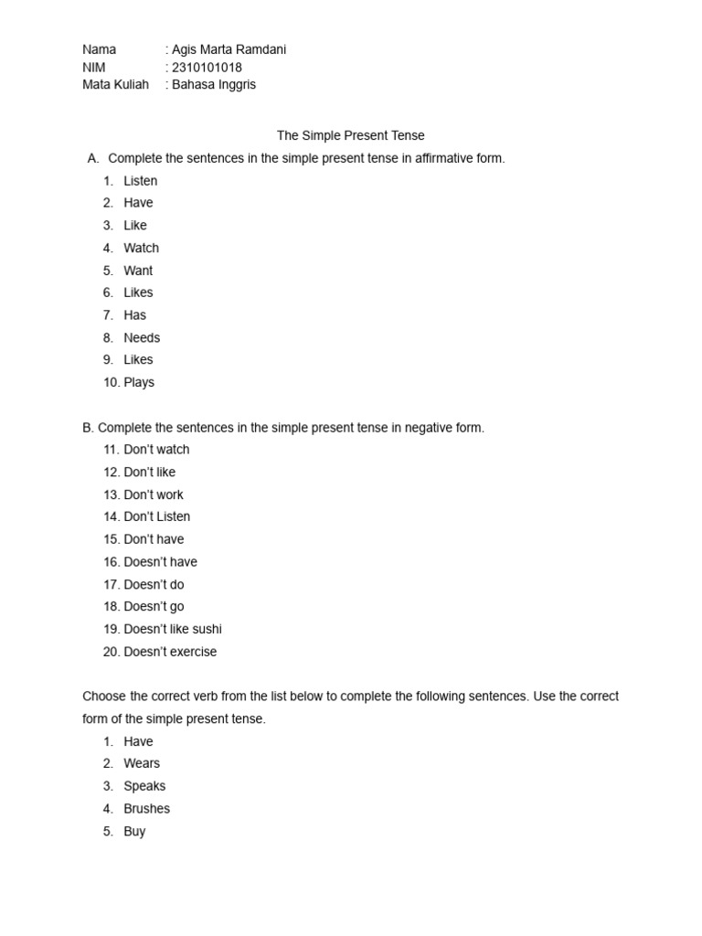 Tugas Bahasa Inggris (Simple Present Tense) | PDF