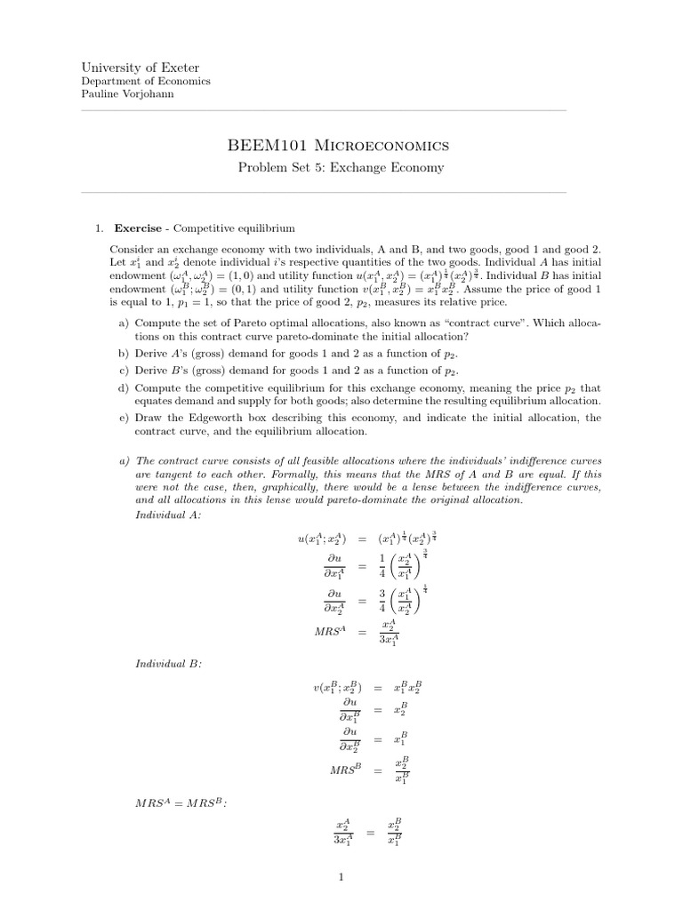 BEEM101 Microeconomics Problem Set 5 | PDF | Utility | Market (Economics)