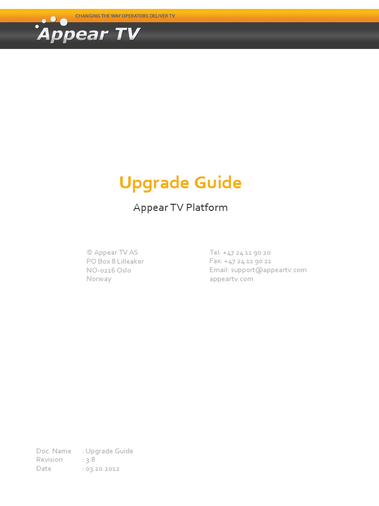 AppearTV 3.8 Upgrade Guide | PDF | Booting | Application Software AppearTV 3.8 Upgrade Guide | PDF | Booting | Application Software