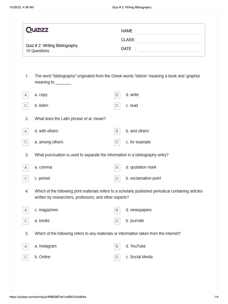 Quiz # 2 - Writing Bibliography | PDF | Bibliography | Books