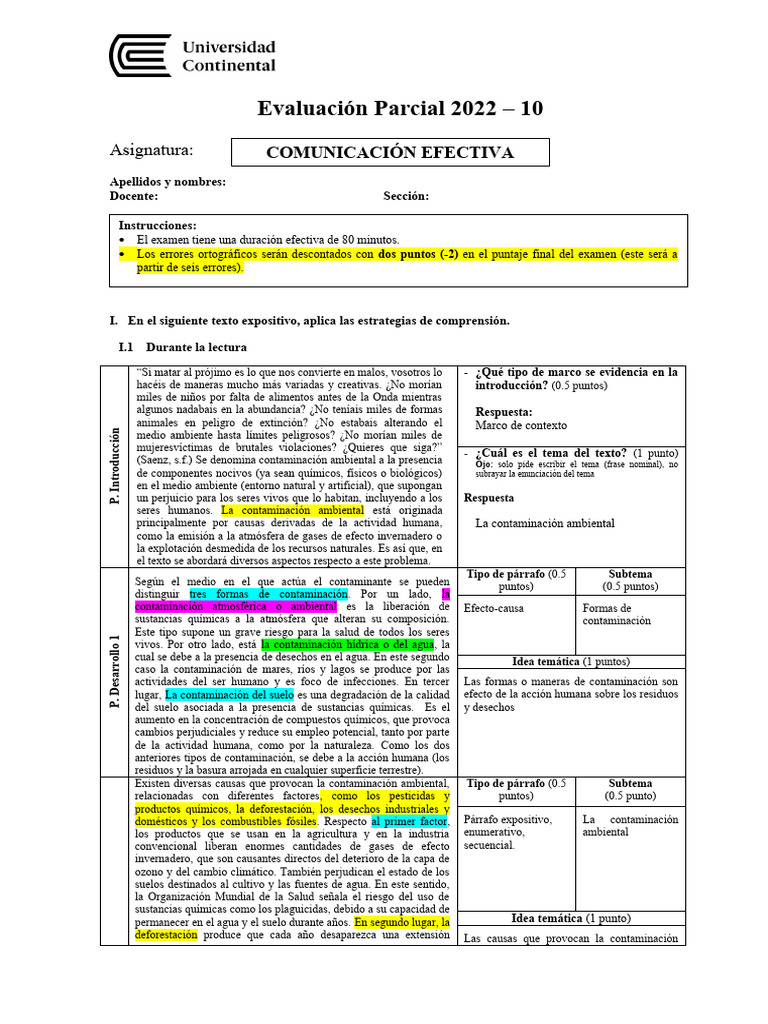 Evaluación Parcial Comunicacion Efectiva | PDF | La contaminación del agua | Contaminación