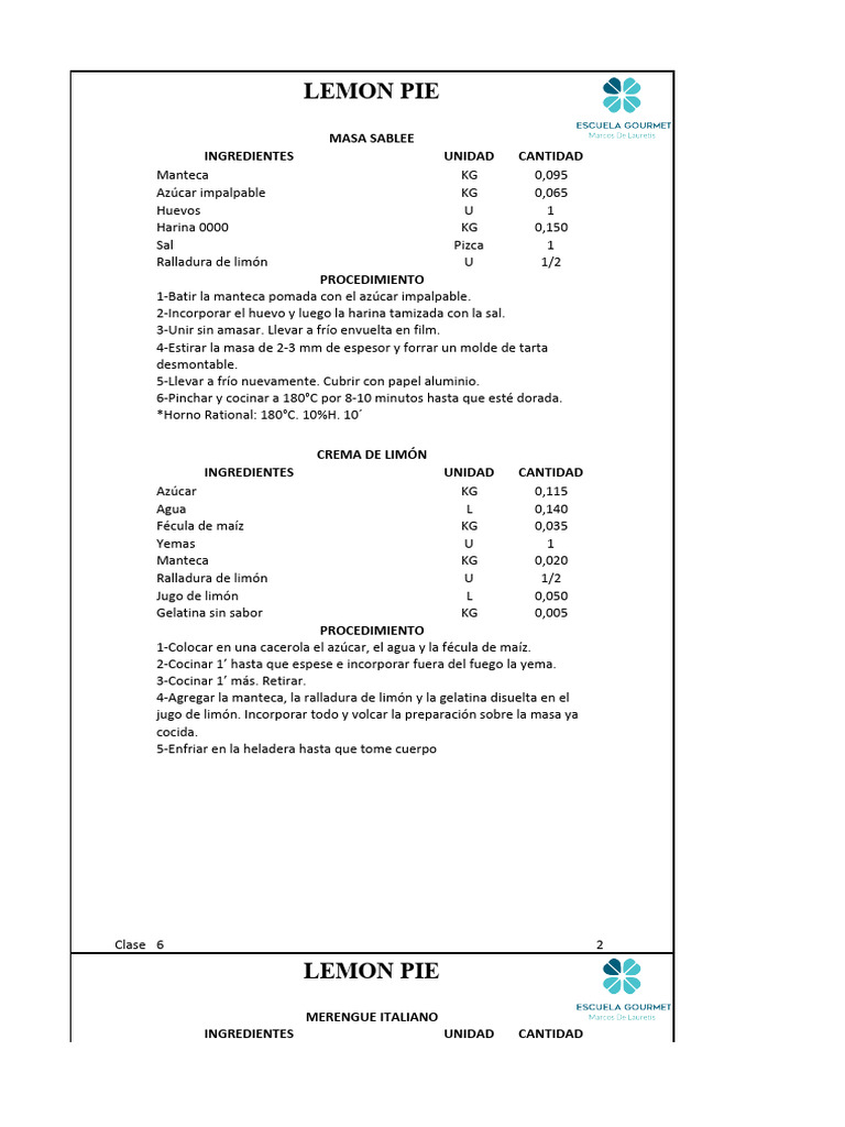 CLASE N6 - PASTELERIA 1.xlsx - LEMON PIE | PDF | Alimentos | Cocina