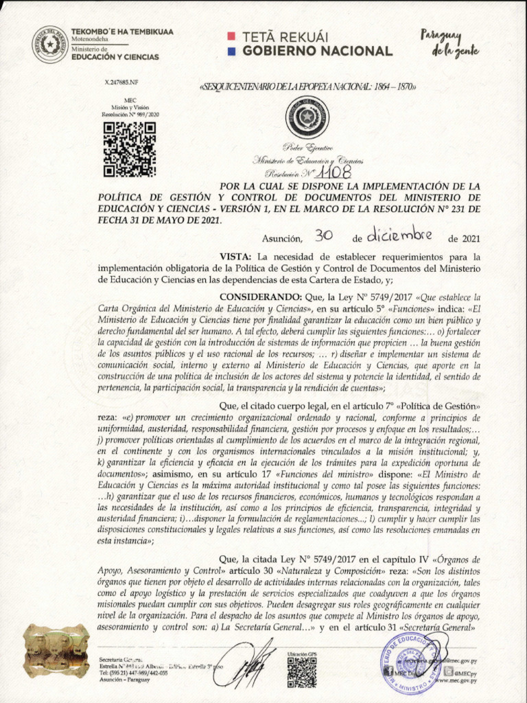 2021 - Res MEC #1108 - Política de Gestión Control de Documentos Del MEC | PDF | Texto ...