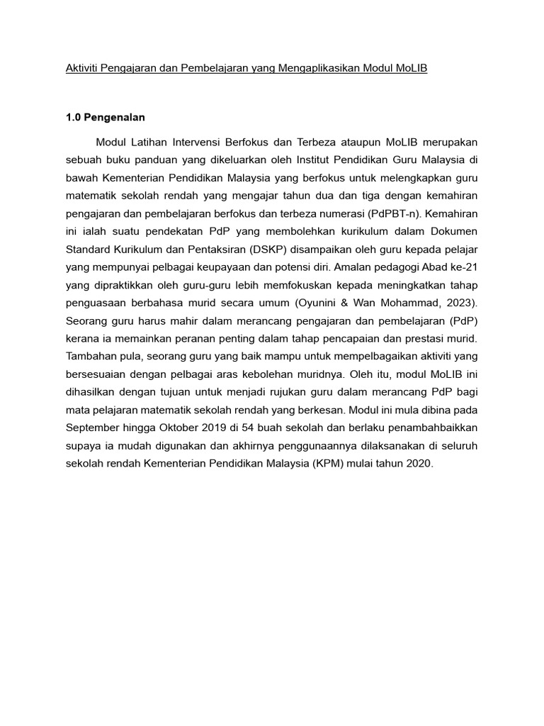 Aktiviti Pengajaran Dan Pembelajaran Yang Mengaplikasikan Modul MoLIB | PDF