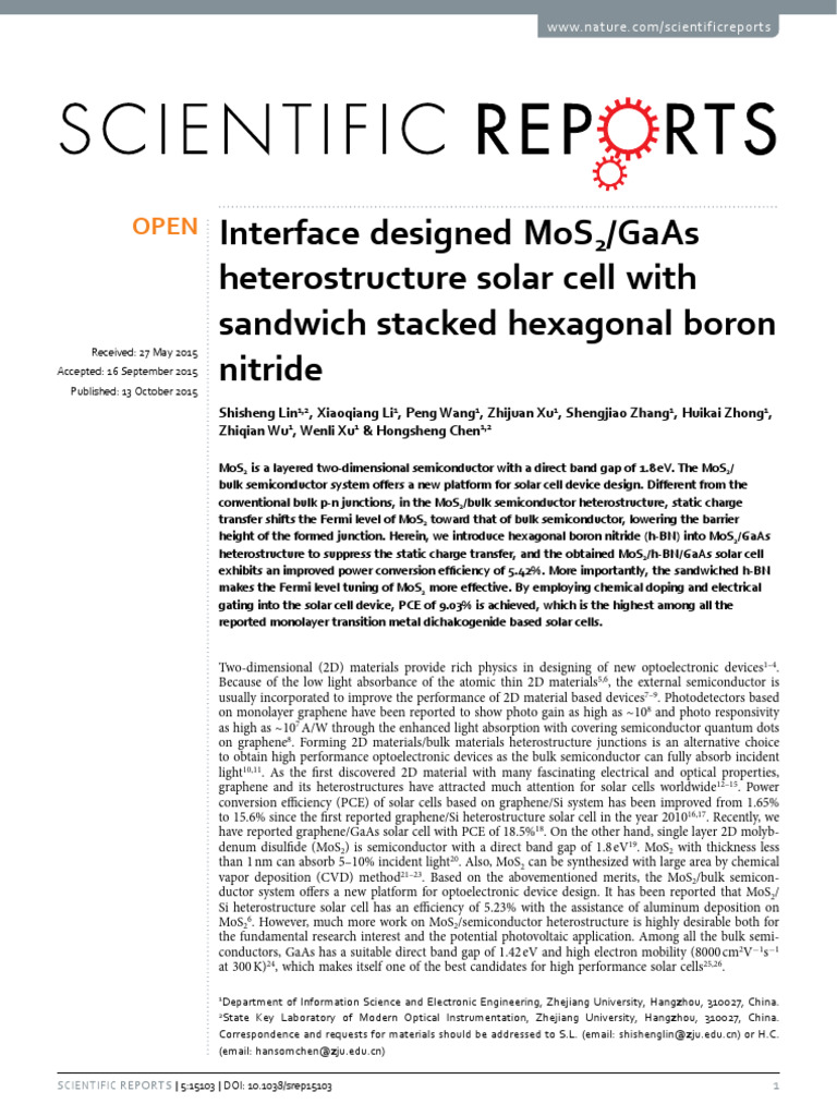 Interface Designed Mos2 Gaas Heterostructure Solar Cell With Sandwich ...