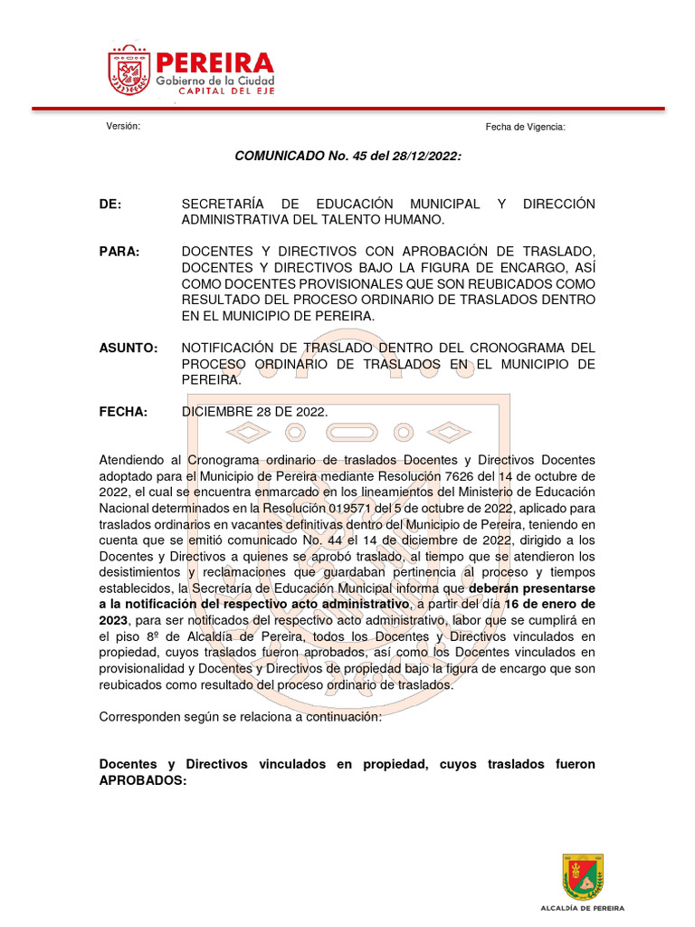 COMUNICADO No. 45 Del 28/12/2022:: Versión: Fecha de Vigencia | PDF