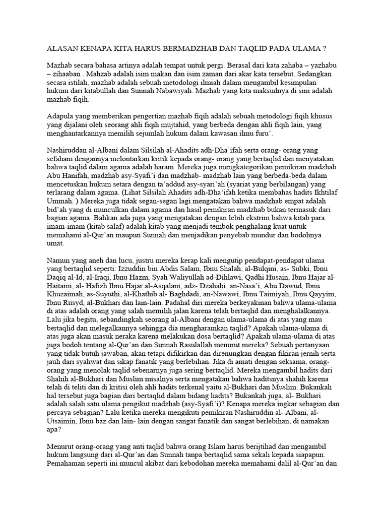 Alasan Kenapa Kita Harus Bermadzhab Dan Taqlid Pada Ulama | PDF | Filsafat