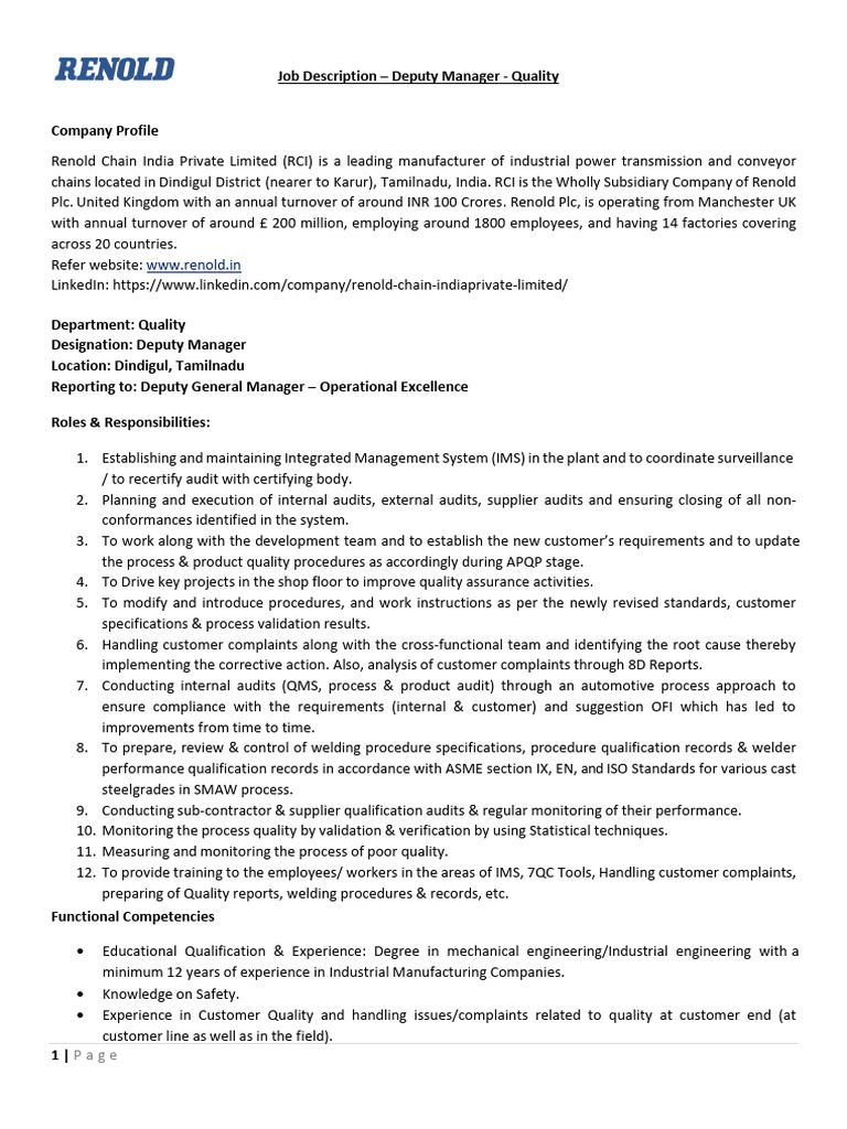 JD Quality Head Sep 2023 | PDF | Audit | Quality Management System