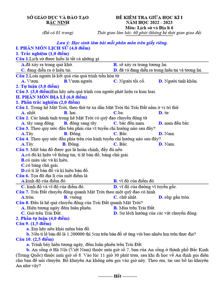 Tailieuxanh de Thi Giua Hoc Ki 1 Mon Lich Su Va Dia Li Lop 6 Nam 2022 2023 So GD DT Bac Ninh ...