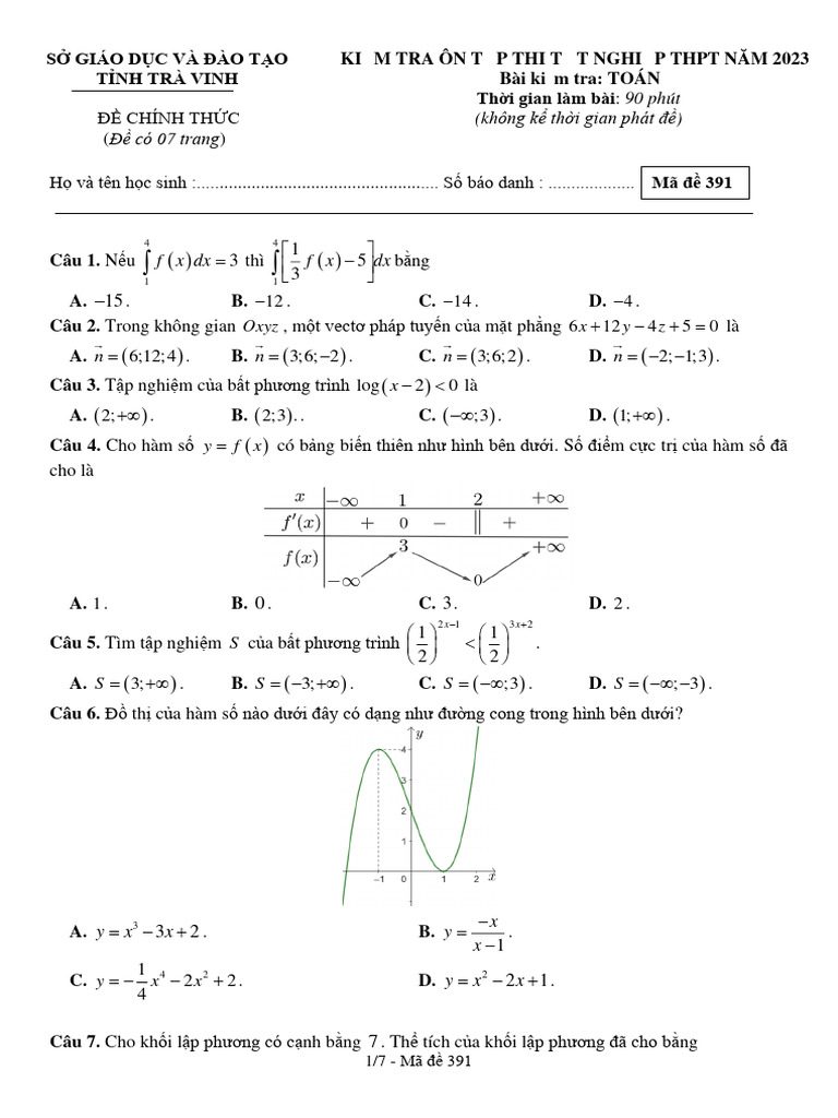 De Thi Thu Tot Nghiep THPT Nam 2023 Mon Toan So GDDT Tra Vinh | PDF