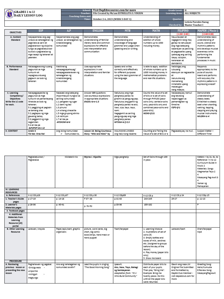 DLL - All Subjects 2 - Q1 - W5 - D1 | PDF | Sales DLL - All Subjects 2 - Q1 - W5 - D1 | PDF | Sales