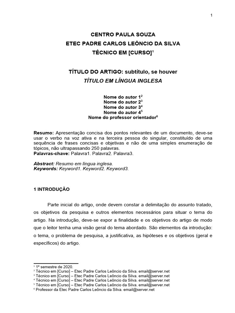 Modelo Artigo TCC Etec Padre Carlos Leôncio Da Silva 2020 | PDF ...